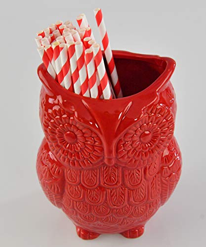Home-X Ceramic Owl Utensil Holder - Kitchen Organizer, Large Utensil Caddy for Counter, Cooking & Spatula Storage Crock, Farmhouse Decor, Home & Kitchen Accessory, Red