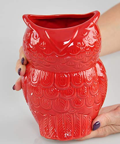 Home-X Ceramic Owl Utensil Holder - Kitchen Organizer, Large Utensil Caddy for Counter, Cooking & Spatula Storage Crock, Farmhouse Decor, Home & Kitchen Accessory, Red