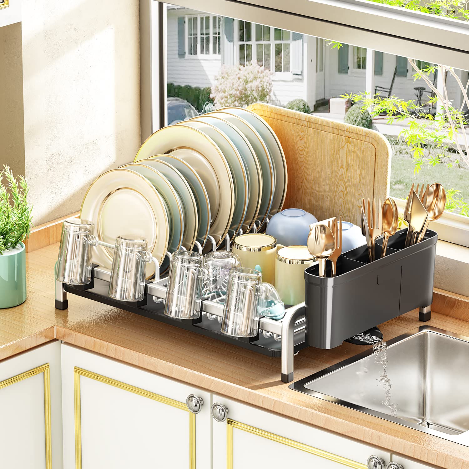 Aluminum Dish Drying Rack, Large Dish Rack and Drainboard Set, Utensil Holder, Multifunctional Anti-rust Dish Drainers for Kitchen Counter with Cup and Cutting Board Holder for Various Kitchenware