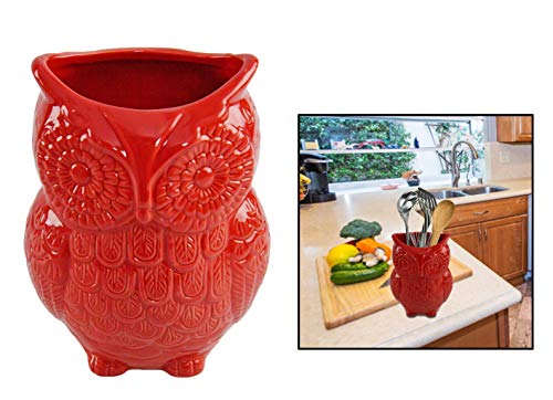 Home-X Ceramic Owl Utensil Holder - Kitchen Organizer, Large Utensil Caddy for Counter, Cooking & Spatula Storage Crock, Farmhouse Decor, Home & Kitchen Accessory, Red