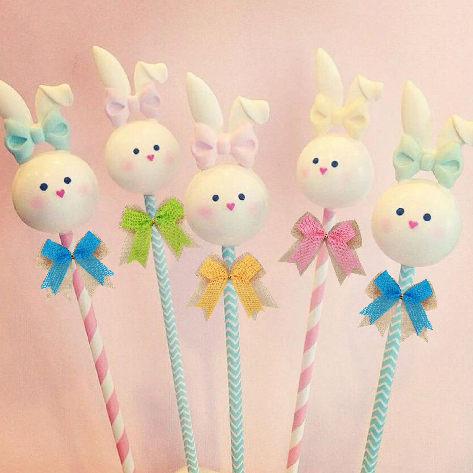 Meseey 12 Pcs Easter Burlap Bows 4 Inch Pink/Yellow/Blue/Grenn Spring Bow for Holiday Spring Wreath DIY Crafts Home Decoration (Spring)
