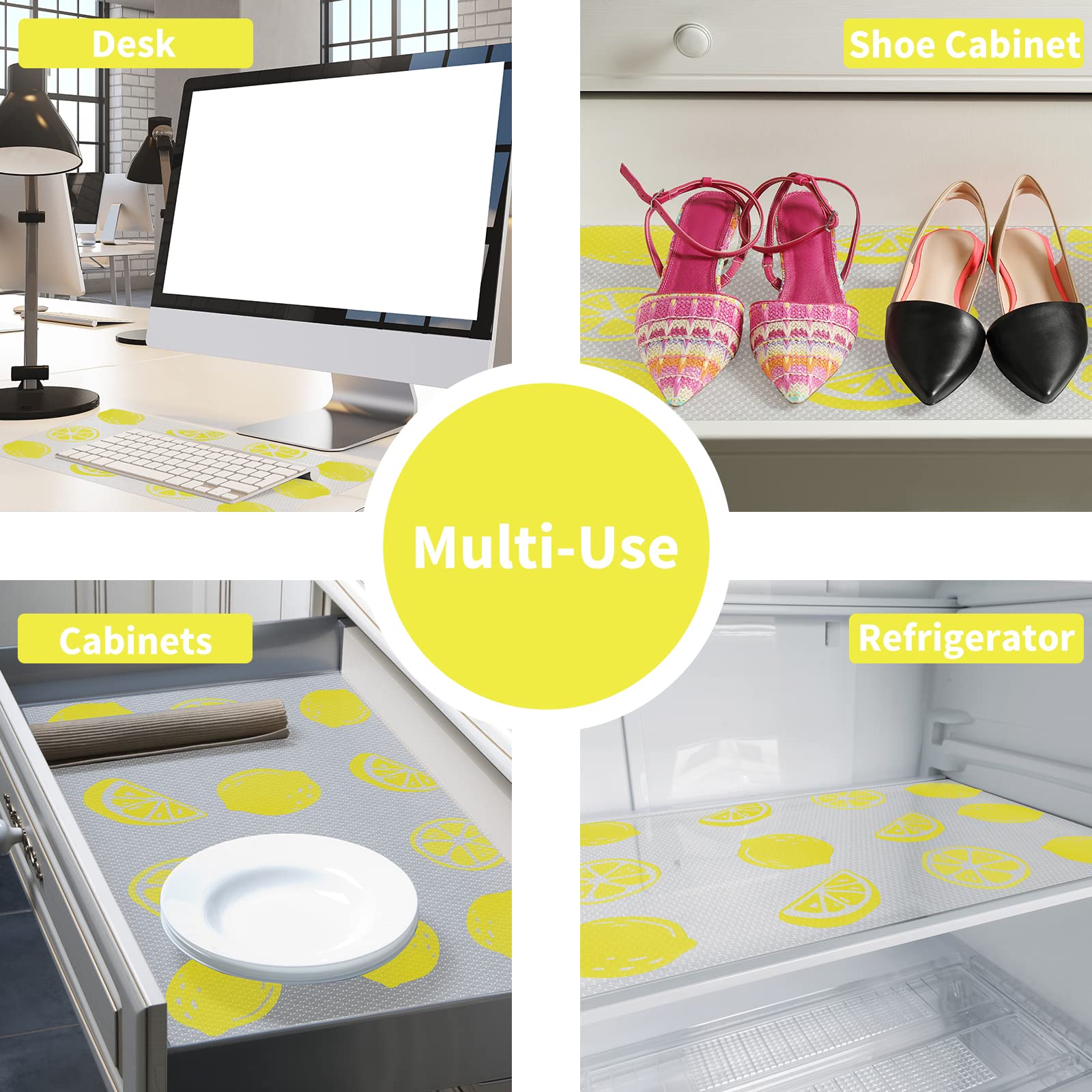 Ganwawo 8 Pcs Refrigerator Liners,Washable Non-Slip Refrigerator mat,Free Anti-Slip mat,for Drawer, Shelf and Refrigerator Liners, Cuttable Refrigerator mat (Lemon)