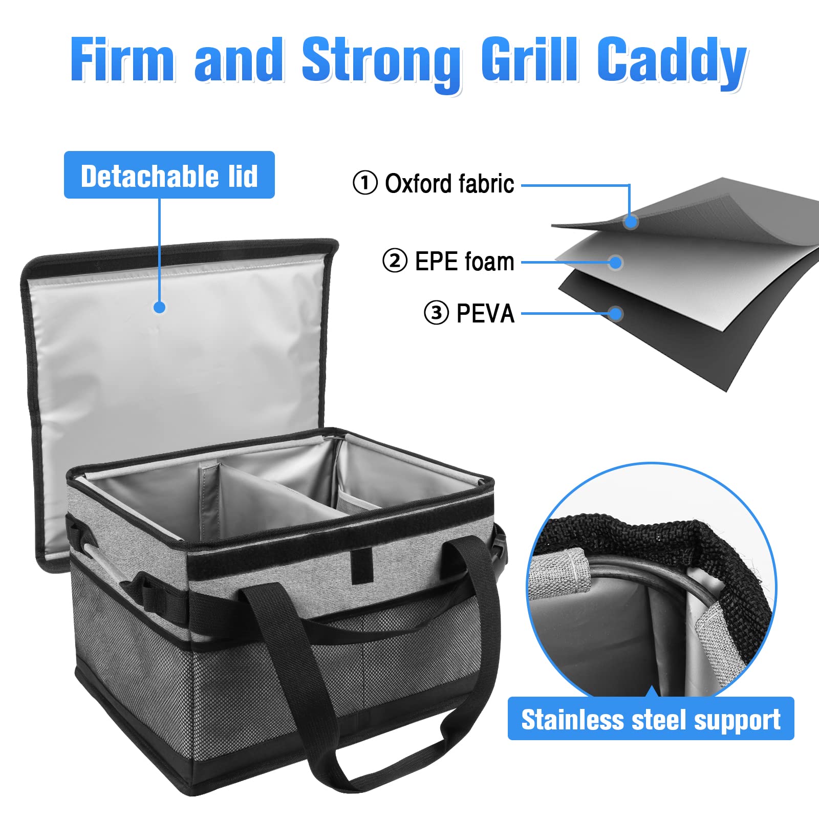 Feestars Large Grill Caddy with Lid and Paper Towel Holder for Picnic, Collapsible& Insulated BBQ Accessory Organizer, Easy Carry Griddle Caddy for Picnic/Barbecue Utensil/Camping/Tailgating
