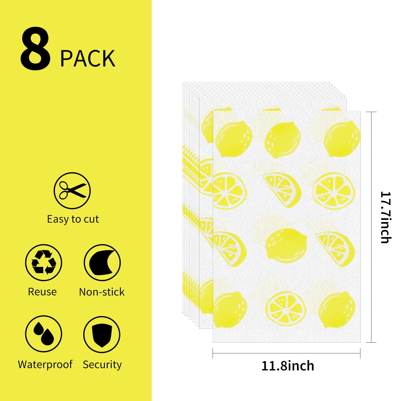 Ganwawo 8 Pcs Refrigerator Liners,Washable Non-Slip Refrigerator mat,Free Anti-Slip mat,for Drawer, Shelf and Refrigerator Liners, Cuttable Refrigerator mat (Lemon)