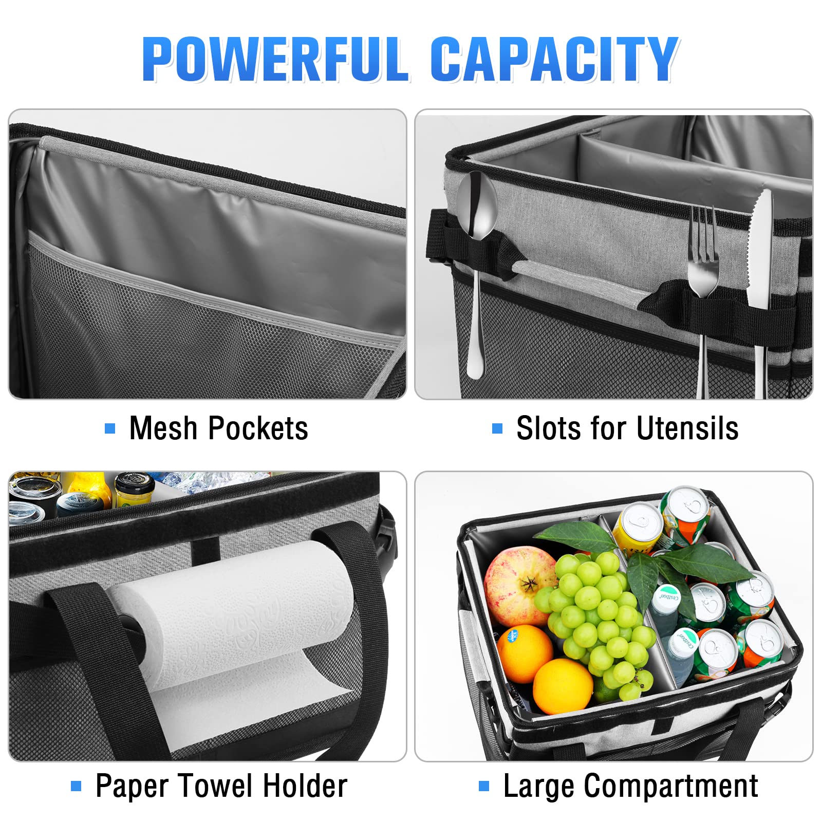 Feestars Large Grill Caddy with Lid and Paper Towel Holder for Picnic, Collapsible& Insulated BBQ Accessory Organizer, Easy Carry Griddle Caddy for Picnic/Barbecue Utensil/Camping/Tailgating