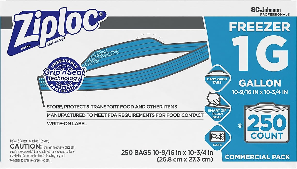 Ziploc 94604 Double-Zipper Freezer Bags, 1gal, 2.7mil, Clear w/Label Panel (Case of 250)