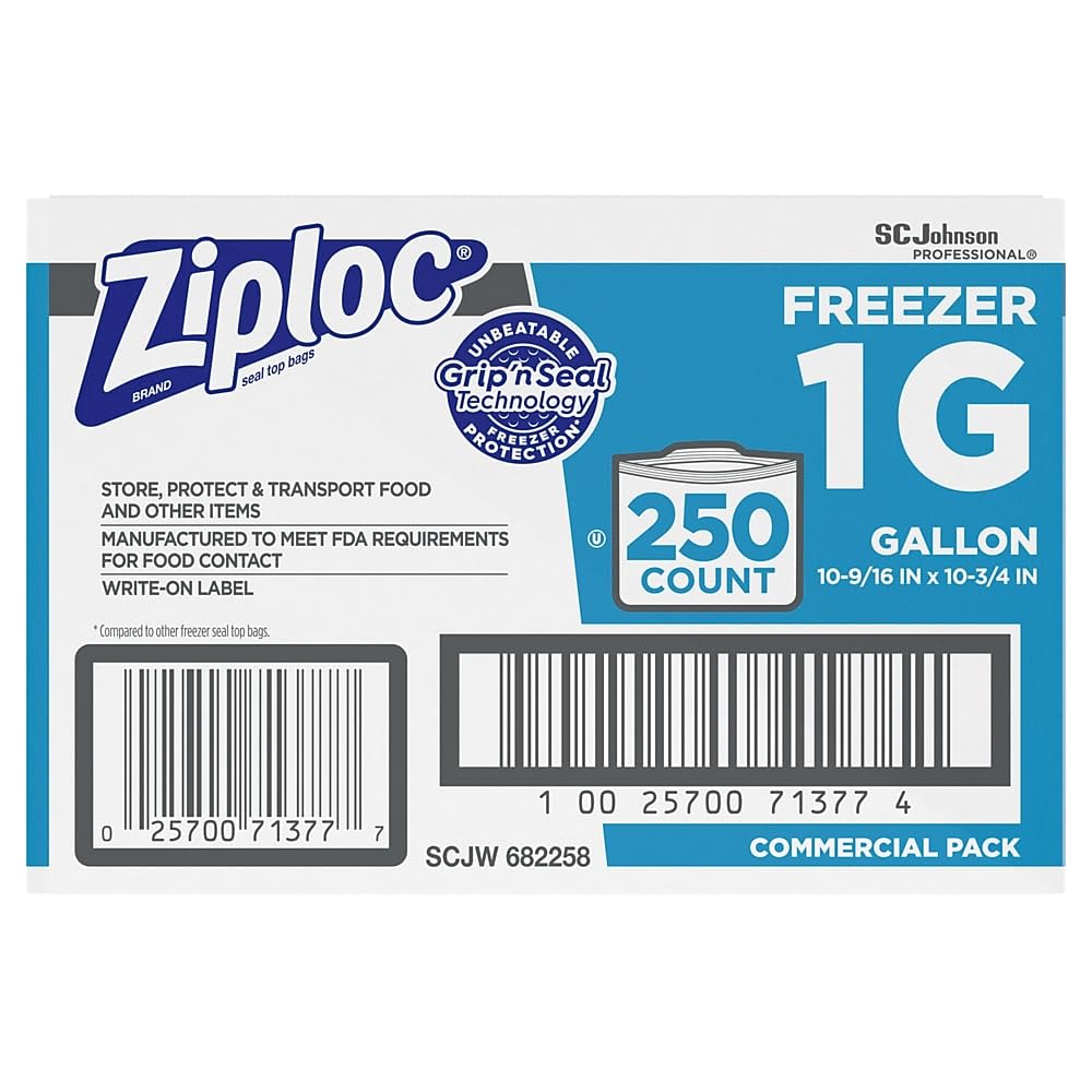 Ziploc 94604 Double-Zipper Freezer Bags, 1gal, 2.7mil, Clear w/Label Panel (Case of 250)