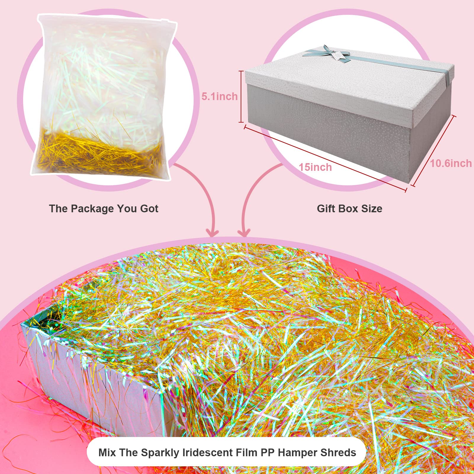 Zwish 1LB Sparkly Iridescent Film PP Hamper Shreds & Strands Shredded Crinkle Confetti for Gift Wrapping & Basket Filling & Gift Box filler