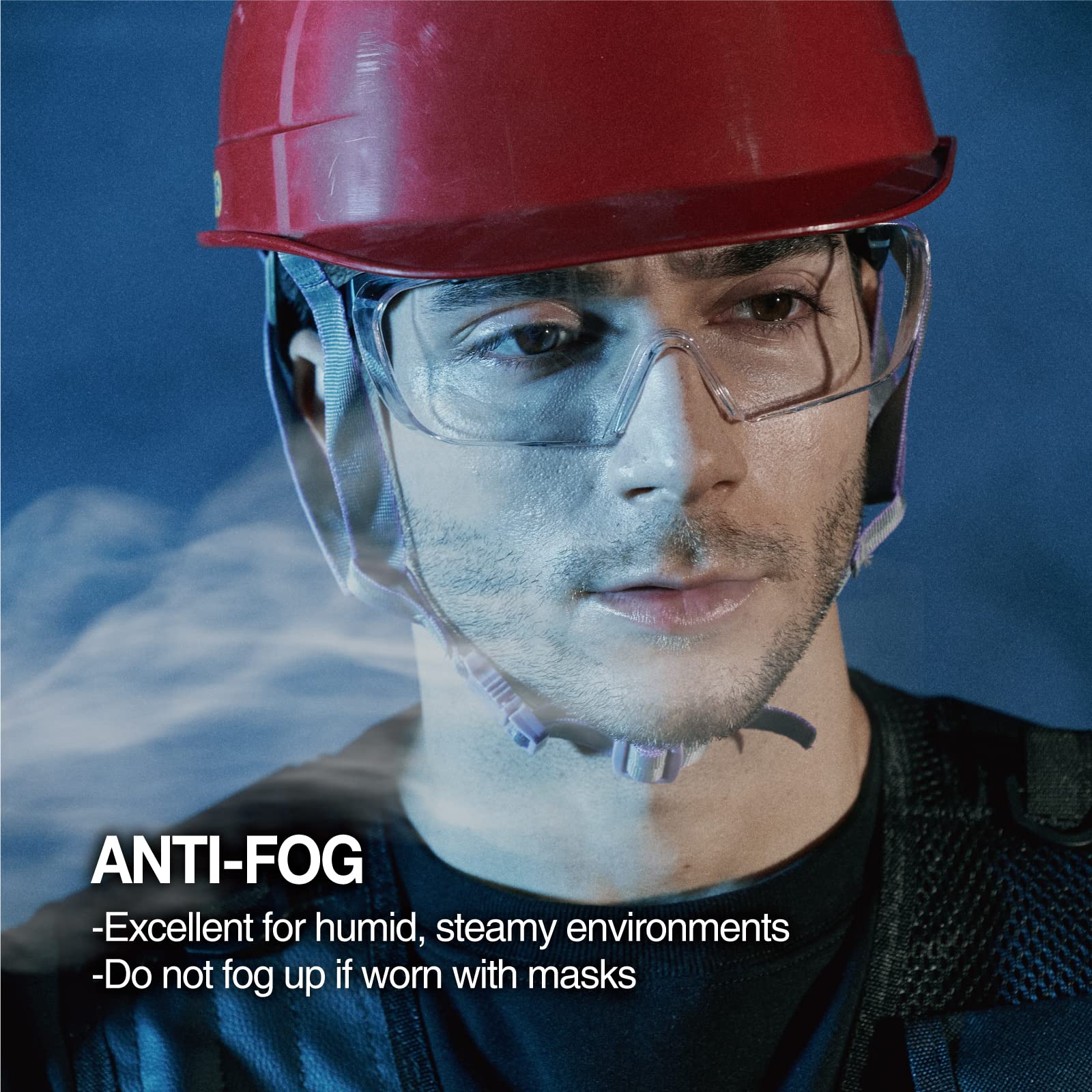DEX FIT Safety Work Over Glasses SG210 OTG; Z87 Eye Protection for Men & Women, Fog & Scratch Resistant, Adjustable, UV Block (Black & Blue Frame, Clear Lens)