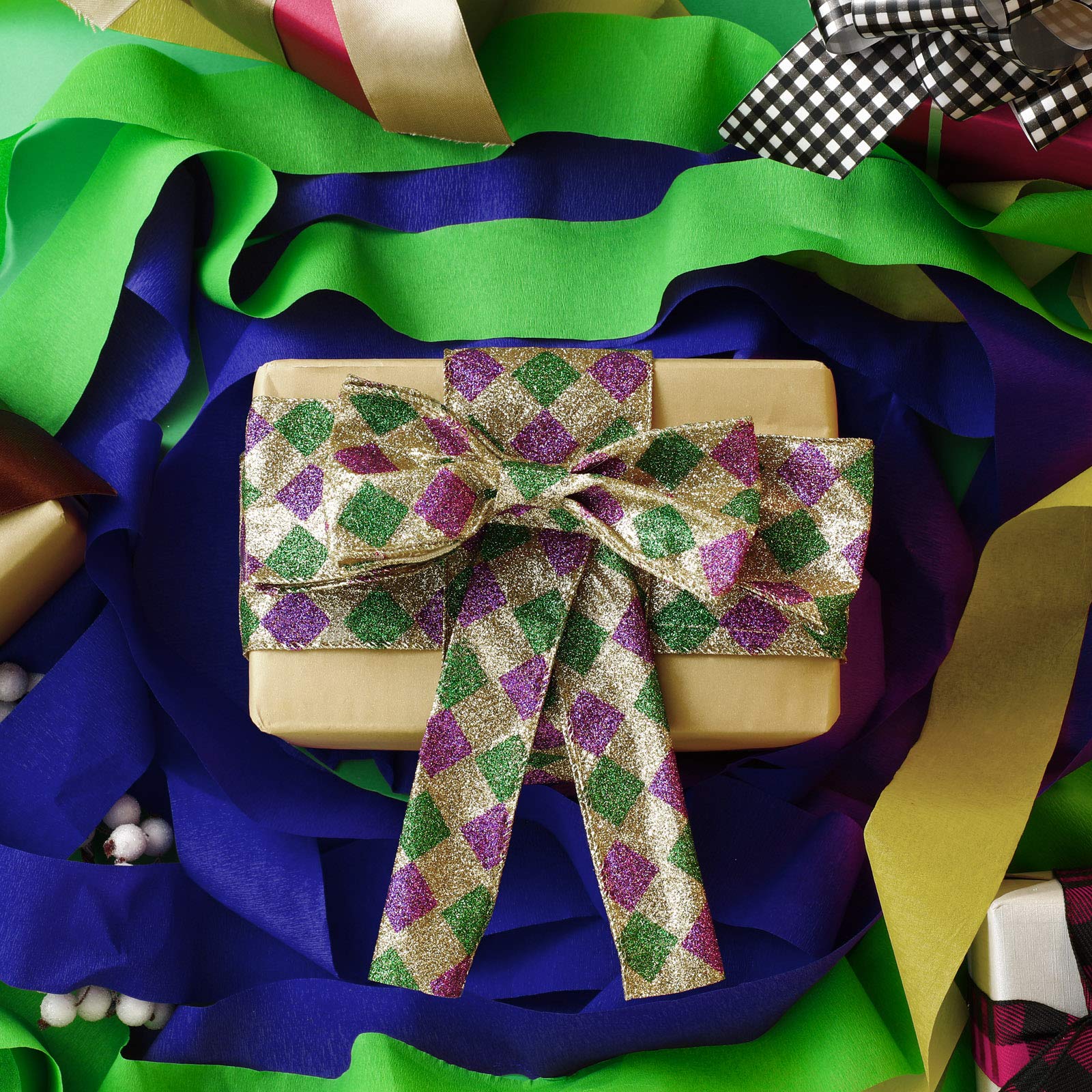 20 Yards Mardi Gras Wired Edge Ribbon Glitter Check Wired Ribbon Glitter Metallic Wrapping Ribbon for Mardi Gras Masquerade Wedding Birthday Party Decoration (2.5 Inch)