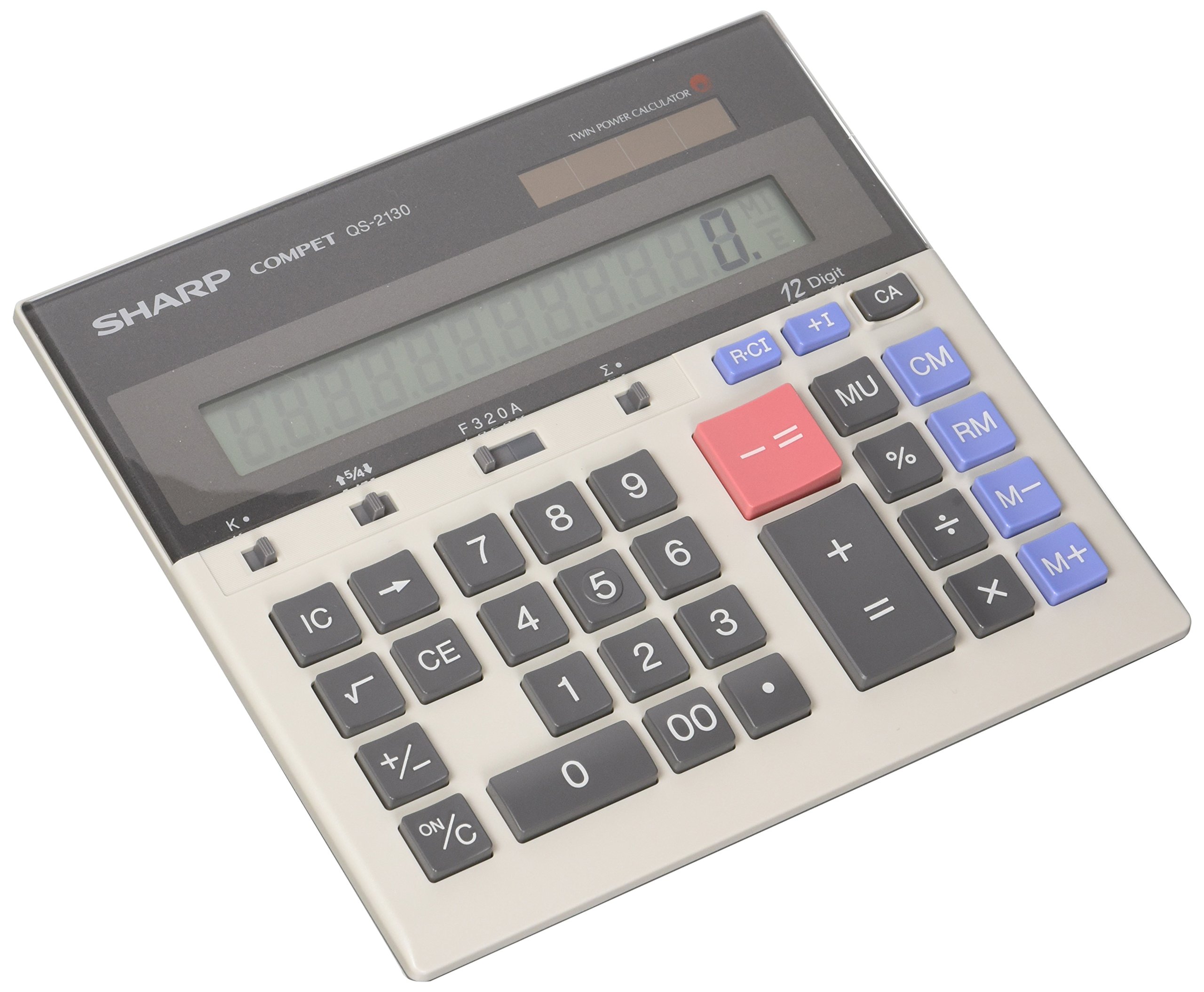 Sharp QS-2130 12-Digit Commercial Desktop Calculator with Kickstand, Arithmetic Logic, Battery and Solar Hybrid Powered LCD Display, Great For Home and Office Use,Gray and Black