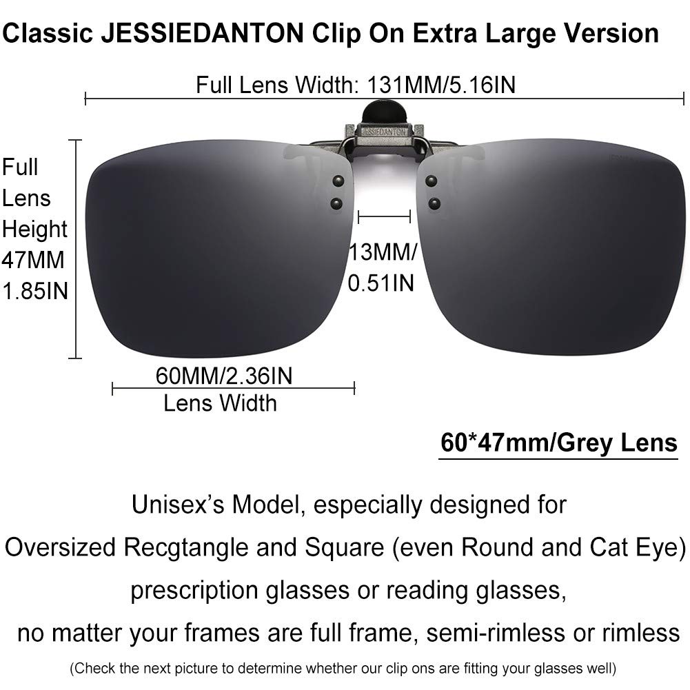 CAXMAN Polarized Clip On Sunglasses Over Prescription Glasses for Men Women UV Protection Flip Up Grey Lens Extra Large