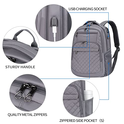 KROSER Travel Laptop Backpack 17 Inch Large Computer Backpack Water-Repellent Daypack with USB Charging Port & Headphone Interface RFID Pockets for Work/Business/College/Men/Women Dark grey(Quilted)