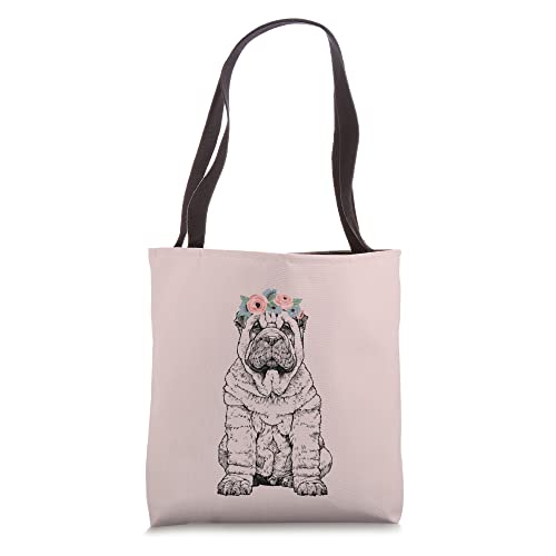 Shar Pei with Floral Headband Dog Mom Tote Bag