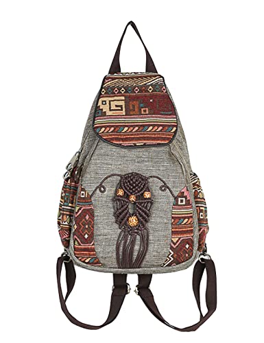 POPUCT Cotton Boho Small Backpack Fashion Hand Knitting Mini Chest Bag for Women and Girls(brown)