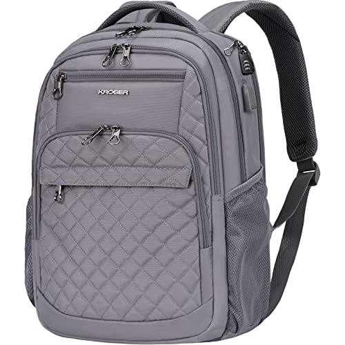 KROSER Travel Laptop Backpack 17 Inch Large Computer Backpack Water-Repellent Daypack with USB Charging Port & Headphone Interface RFID Pockets for Work/Business/College/Men/Women Dark grey(Quilted)