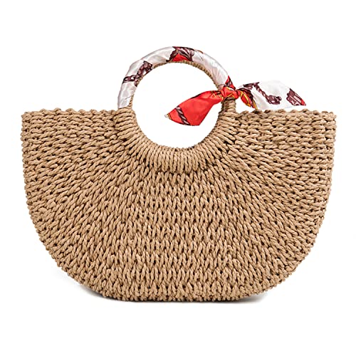 FARVALUE Summer Straw Beach Tote Bag Handmade Large Straw Tote Handbag Women's Handbags And Free Silk Scarves