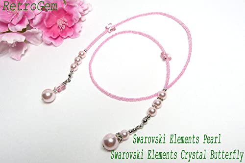 RetroGem Swarovski Elements Crystal Pearl with Preciosa Czech Glass Seed Beads Book Thong Bookmark (12" - Pink)