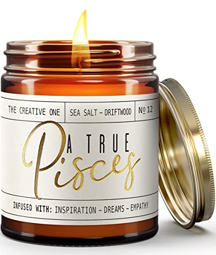Pisces Gifts for Women, Zodiac Gifts - A True Pisces Soy Zodiac Candle, w/ Sea Salt & Driftwood I Astrology Gifts for Women I 9oz Reusable Amber Glass Jar, 50 Hr Burn Time, Made in USA
