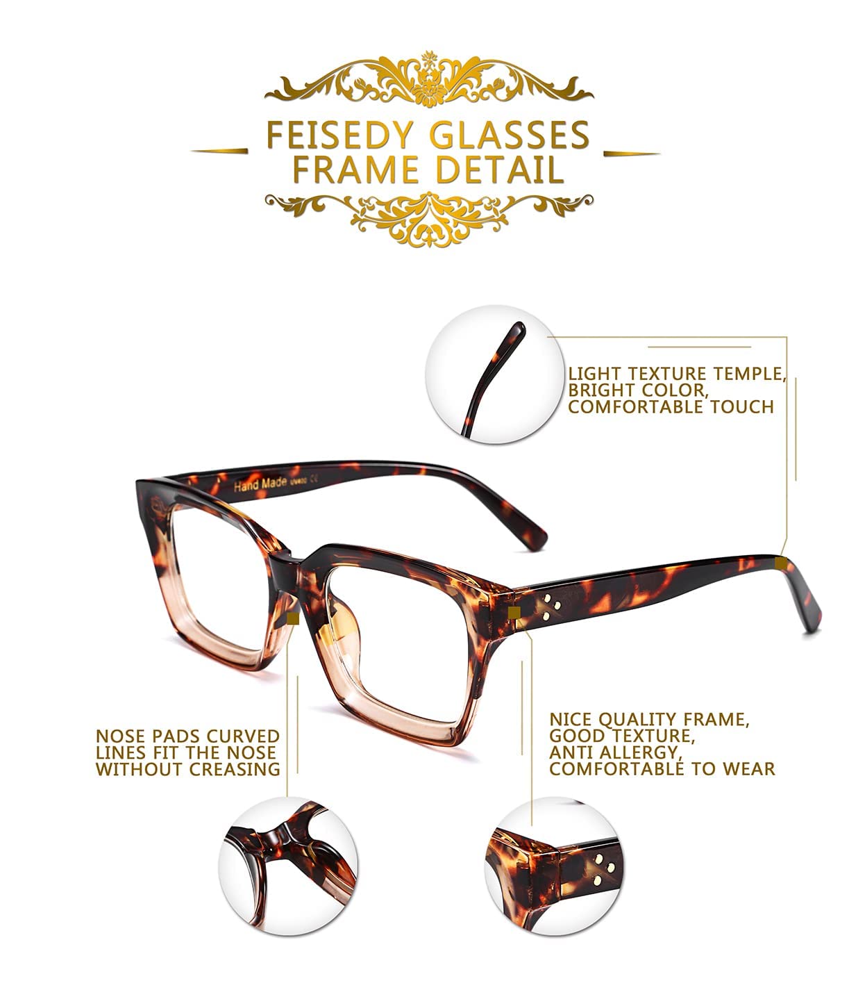 FEISEDY Glasses Frame Womens, Square Thick Eyeglasses Frame, Classic Eyewear for Men B2461