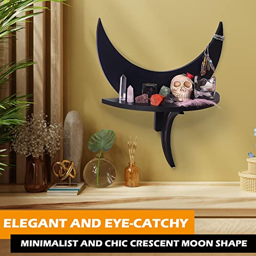 CEFRECO Floating Moon Shelf - Wooden Crystal Display Shelf - Crystal Holder for Stones and Essential Oils - Black Hanging Crescent Moon Phrase Shelf for Crystals- Witchy Gifts for Women