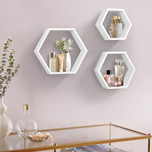 ROSE BLOOM Wall Mounted Hexagon Floating Shelves, Set of 3 Wood Wall Decor for Living Room, Kitchen and Bedroom,White