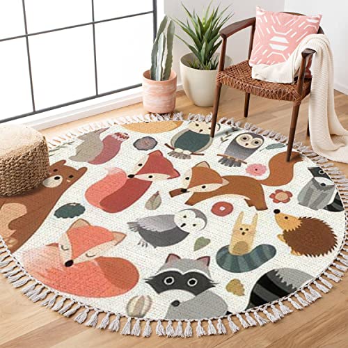 DNEWYNPABV Round Rugs Woodland Animals Cute Forest Design Elements Boho Area Rug Linen and Cotton Carpet Meditation Rug Washable Hallway Runner Mat Accent Rug for Bedroom Bathroom 3ft