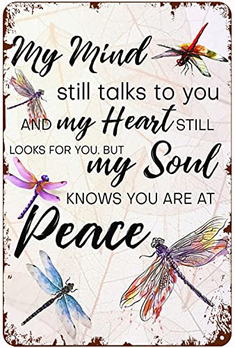 Xiddxu Vintage Wall Decor Metal Plaque Dragonfly My Mind Still Talks to You Wall Art Nostalgic tin Sign for Home Kitchen Pubs Sign 8x12 Inch