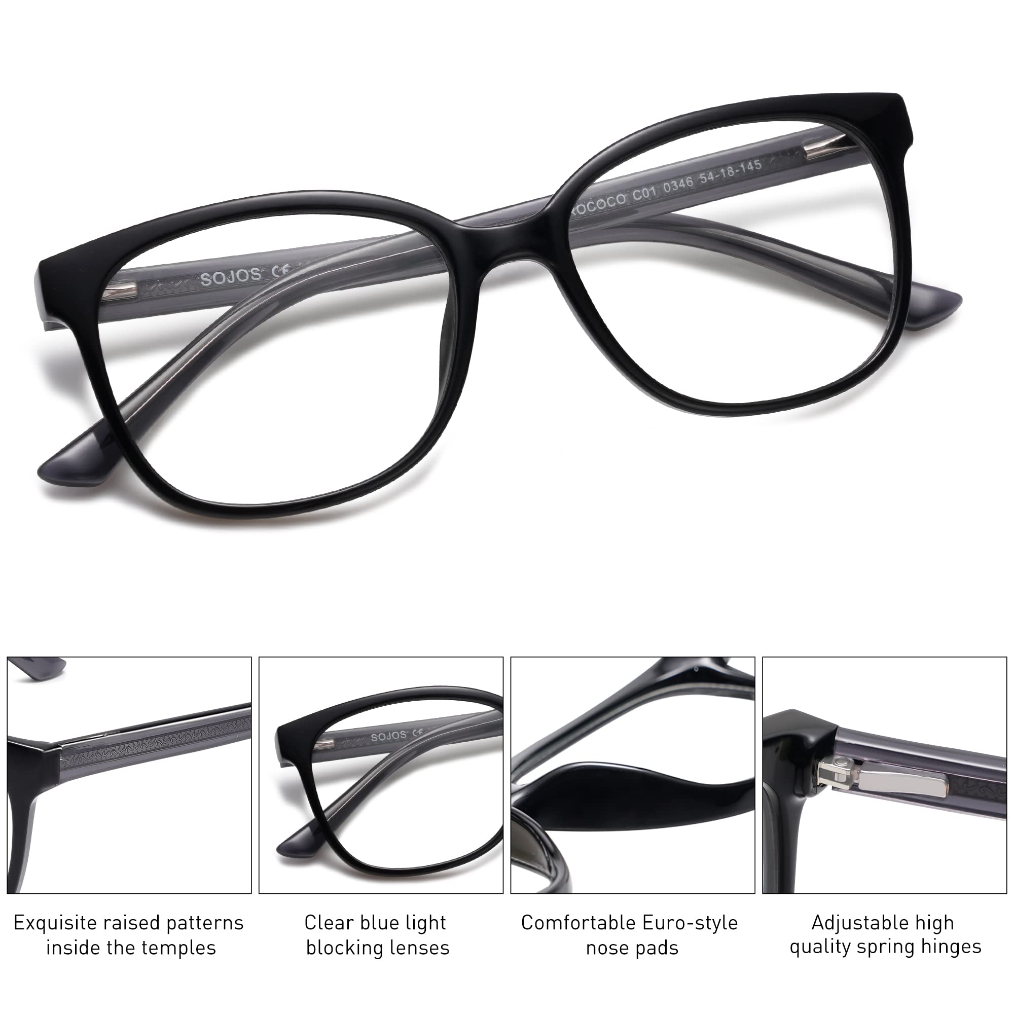 SOJOS Clear Blue Light Glasses Computer Glasses Embossed Temple ROCOCO SJ5099, Black Frame/Anti-Blue Light Lens