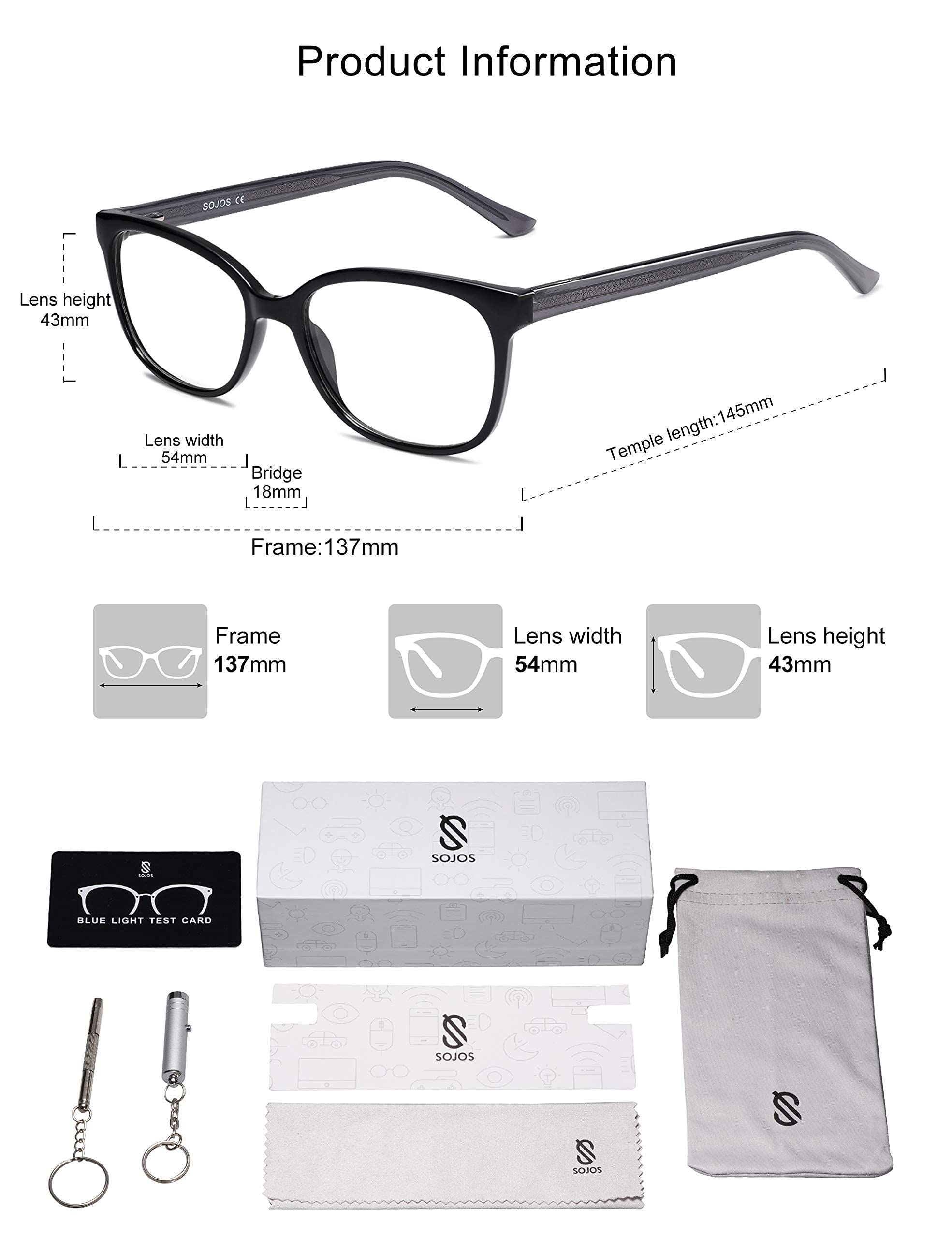 SOJOS Clear Blue Light Glasses Computer Glasses Embossed Temple ROCOCO SJ5099, Black Frame/Anti-Blue Light Lens