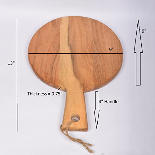 Samhita Round Acacia Wood Cutting Board with Handle for Chopping and Serving Charcuterie, Cheese, Pizza, Bread - Wall Décor ( 13" X 9" X 0.75")