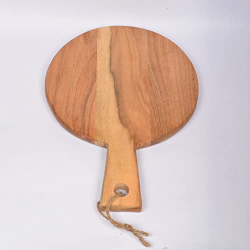 Samhita Round Acacia Wood Cutting Board with Handle for Chopping and Serving Charcuterie, Cheese, Pizza, Bread - Wall Décor ( 13" X 9" X 0.75")