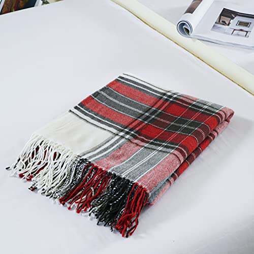 Bangya Acrylic Plaid Throw Blanket with Decorative Fringe for Travel,Bed, Sofa, Couch,Office (Red, 50inch x 60inch)
