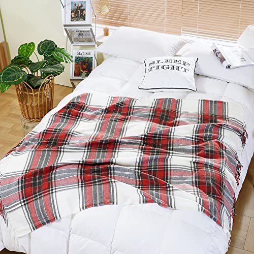 Bangya Acrylic Plaid Throw Blanket with Decorative Fringe for Travel,Bed, Sofa, Couch,Office (Red, 50inch x 60inch)