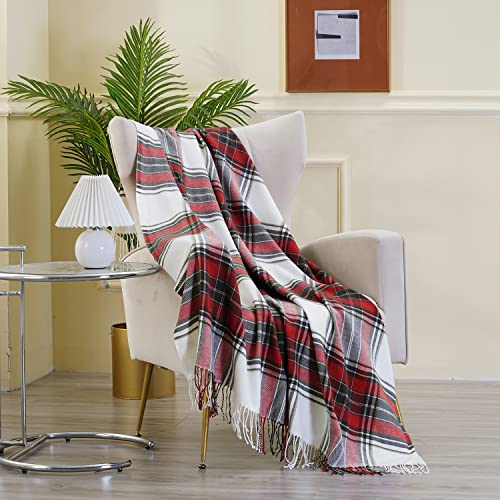 Bangya Acrylic Plaid Throw Blanket with Decorative Fringe for Travel,Bed, Sofa, Couch,Office (Red, 50inch x 60inch)