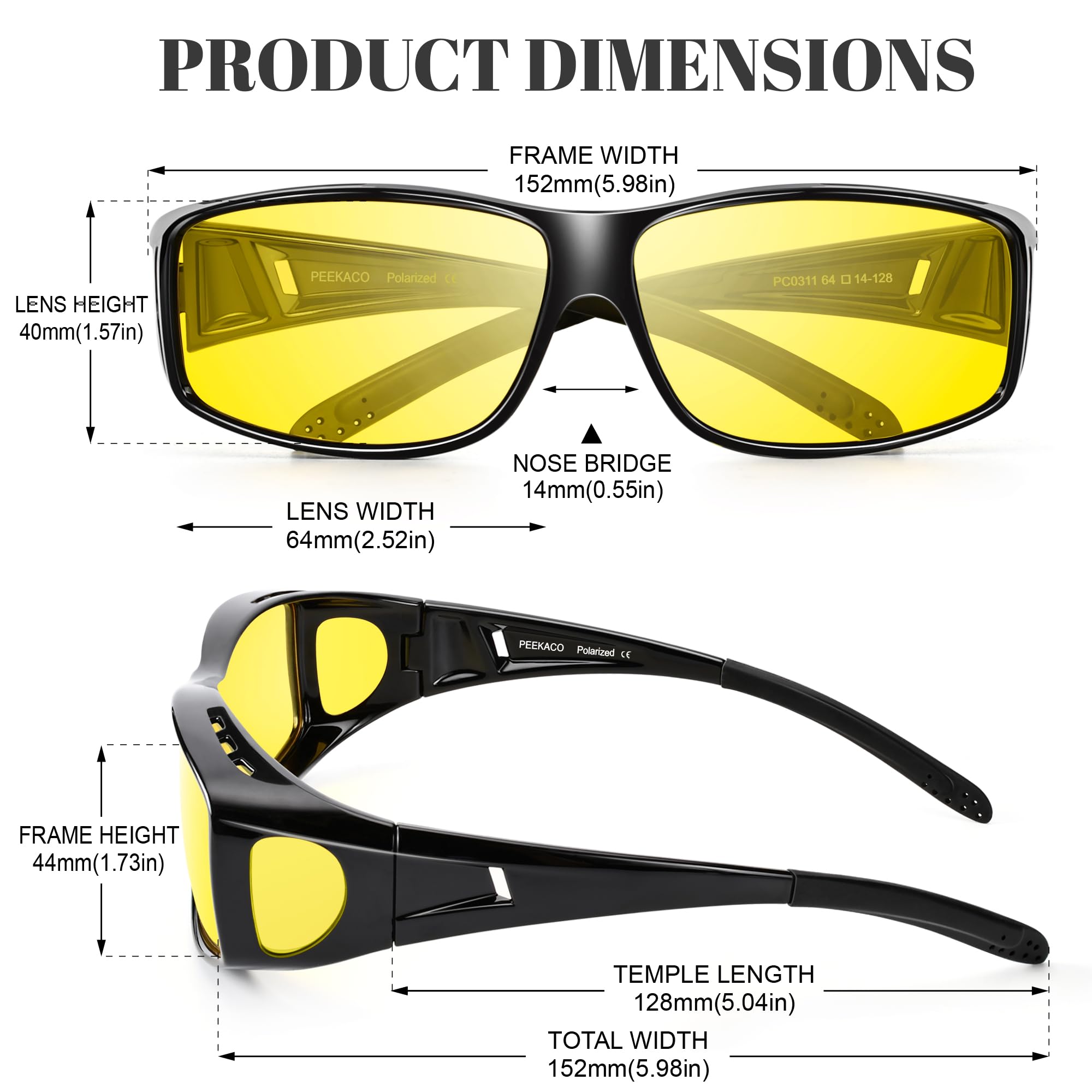 Peekaco Night Vision Driving Glasses Fit Over Glasses, Wrap Around Nighttime Glasses Anti Glare Polarized for Men Women