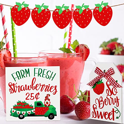 10 Pcs Summer Tiered Tray Decor Farmhouse Wood Tiered Tray Decor Lemon Watermelon Strawberry Sunflower Decor Kitchen Standing Sign Bead Garland Banner for Home Decor(Strawberry Theme)