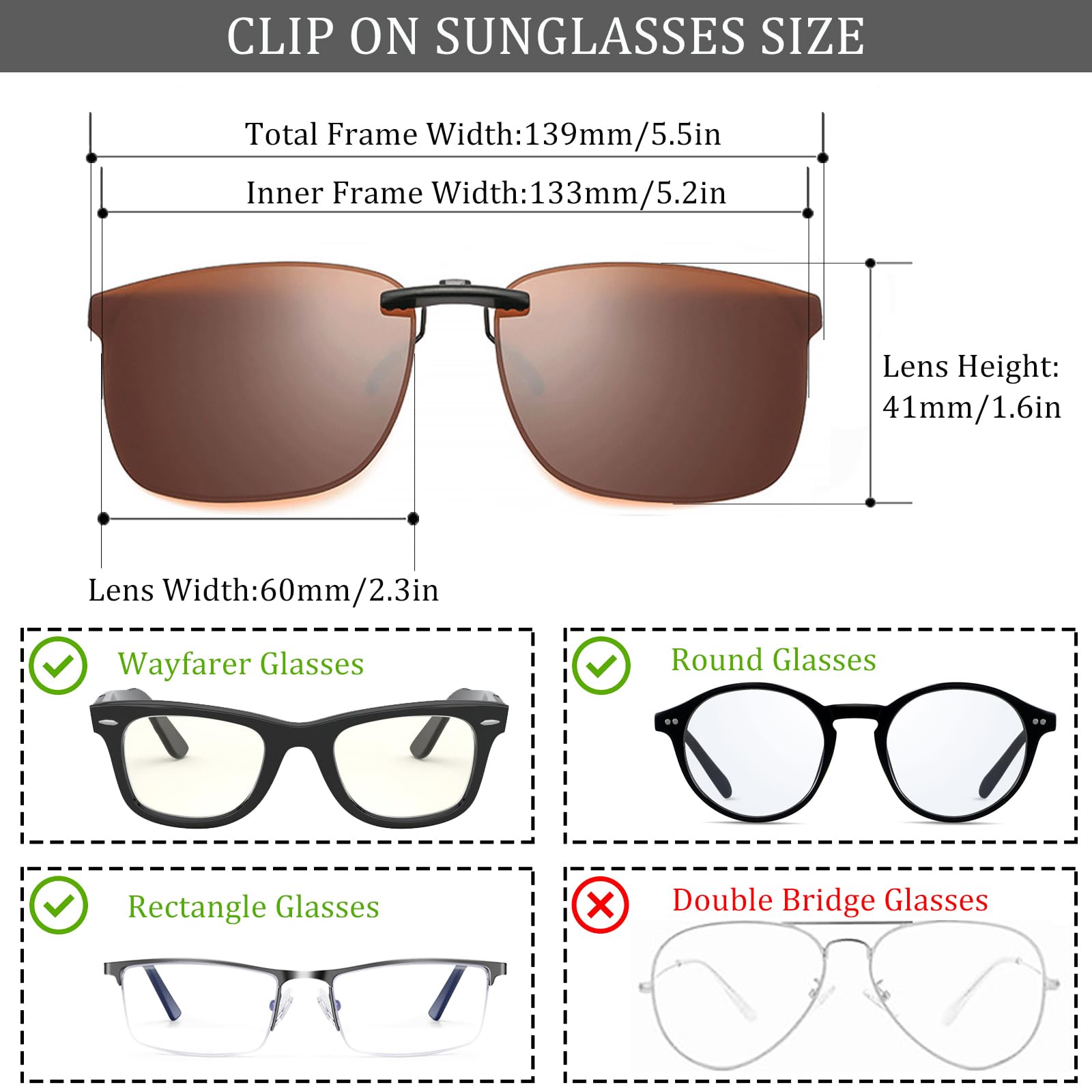 FF FRAZALA Clip On Sunglasses Over Prescription Glasses Polarized UV Protection (Non-flip Brown)