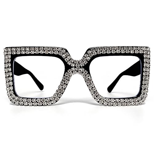 Rmerom Blue Light Glasses for Women Men Fashion Classic Square Eyewear Thick Non Prescription Glasses Frame (9012-Diamond Black)