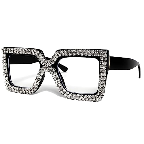 Rmerom Blue Light Glasses for Women Men Fashion Classic Square Eyewear Thick Non Prescription Glasses Frame (9012-Diamond Black)