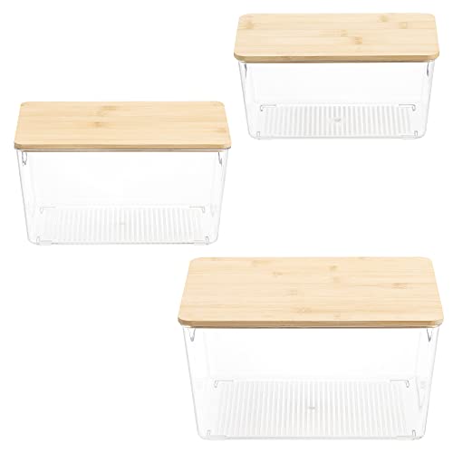 Navaris Transparent Plastic Storage Boxes with Lids - Set of 3 Clear Stackable Household Organizing Containers Bins with Bamboo Lids - S, M, L