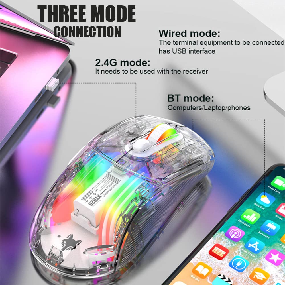 Attoe Bluetooth Wireless Mouse, Transparent RGB Mechanical Dual Mode Gaming Mouse, A Must-Have Cool USB Computer Mouse for Gaming and Esports