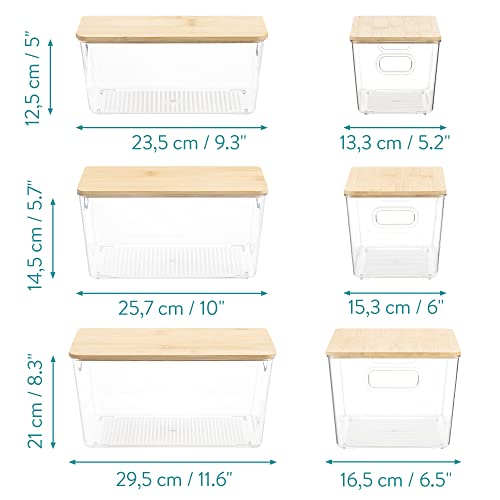 Navaris Transparent Plastic Storage Boxes with Lids - Set of 3 Clear Stackable Household Organizing Containers Bins with Bamboo Lids - S, M, L