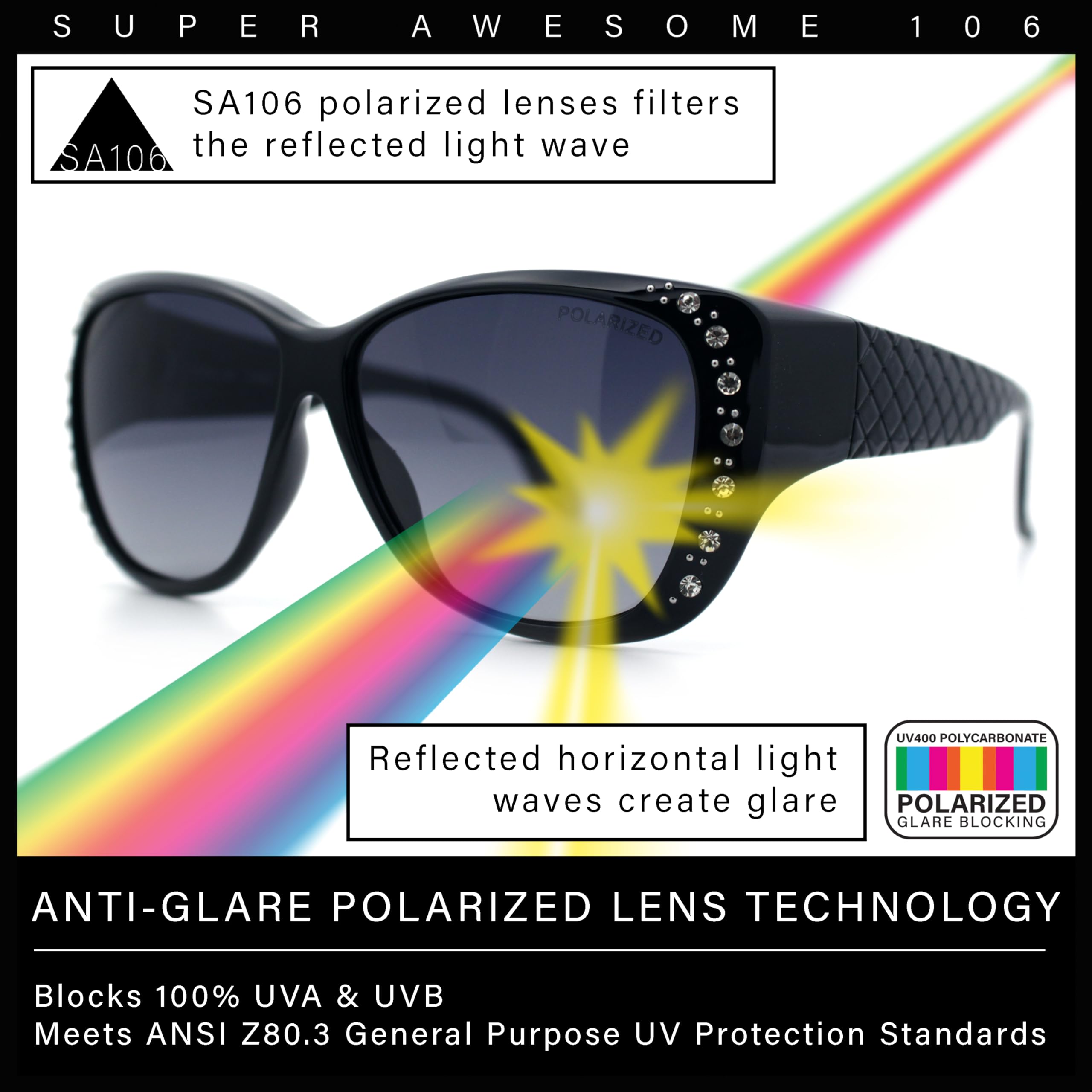 SA106 Polarized 55mm Fit Over OTG Butterfly Rhinestone Diva Sunglasses Shiny Black