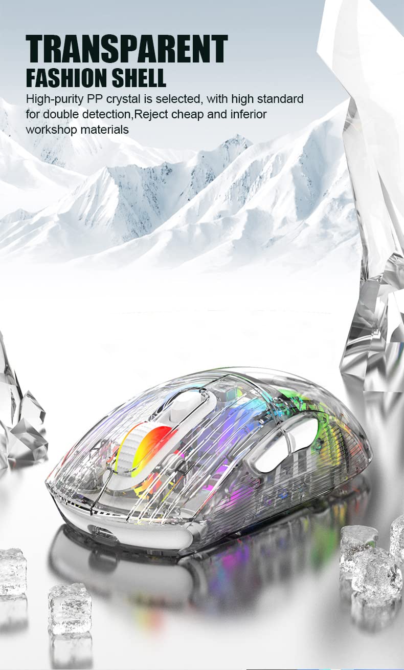 Attoe Bluetooth Wireless Mouse, Transparent RGB Mechanical Dual Mode Gaming Mouse, A Must-Have Cool USB Computer Mouse for Gaming and Esports