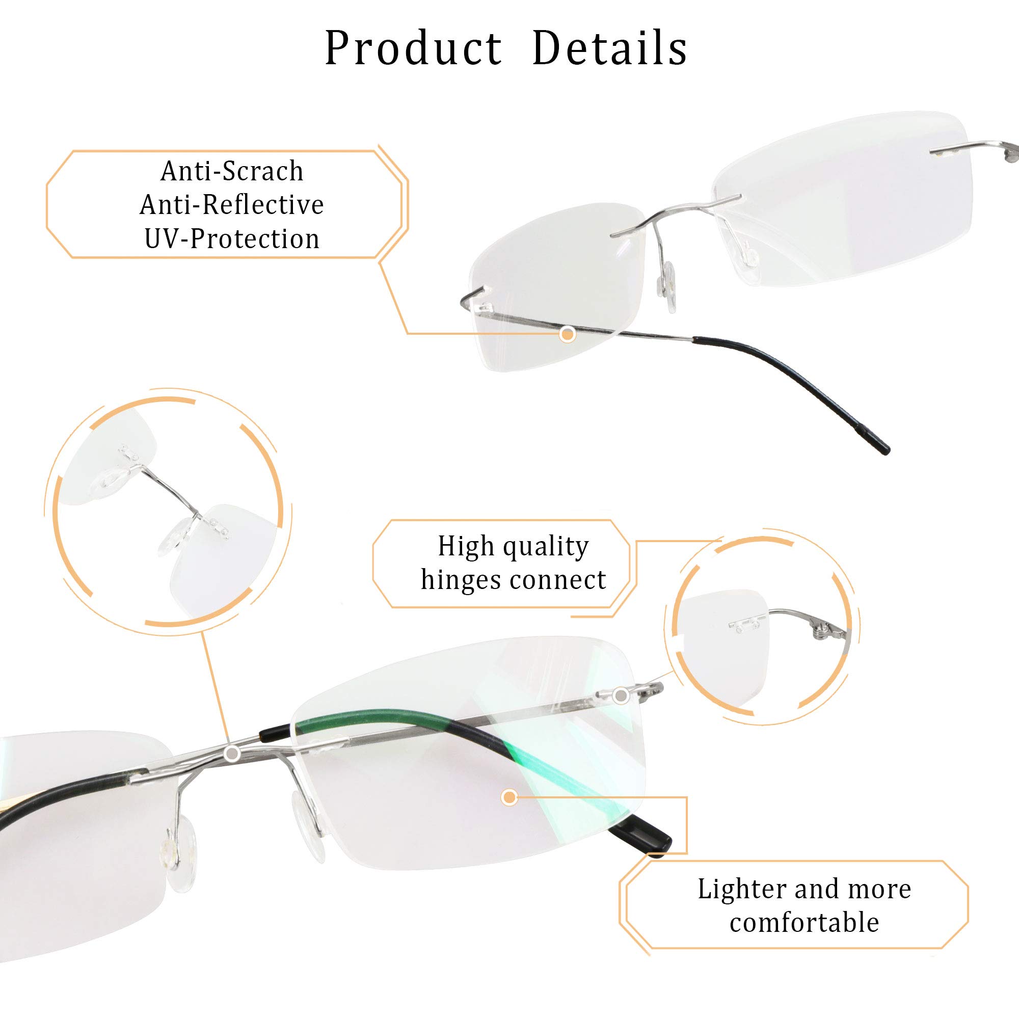 LifeArt Blue Light Blocking Computer Reading Glasses, Men’s and Women’s Rimless Frame, Anti Eyestrain, +0.00 Magnification