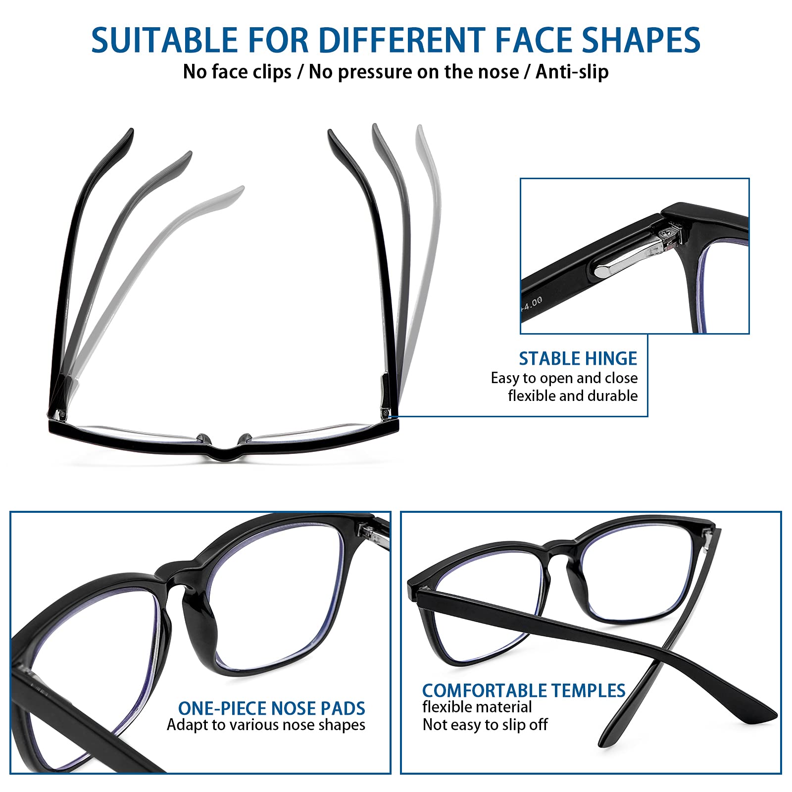 BONCAMOR Progressive Multifocus Reading Glasses Men Women 3 Pack Anti Blue Light Eyestrain Quality Computer Readers (3 Black, 1.50)