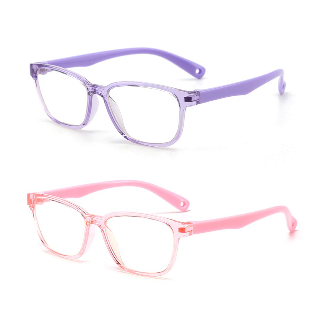 AHXLL Kids Blue Light Blocking Glasses 2 Pack, Anti Eyestrain & UV Protection, Computer Gaming TV Phone Glasses for Boys Girls Age 3-9 (Transparent Purple+ Transparent Pink)