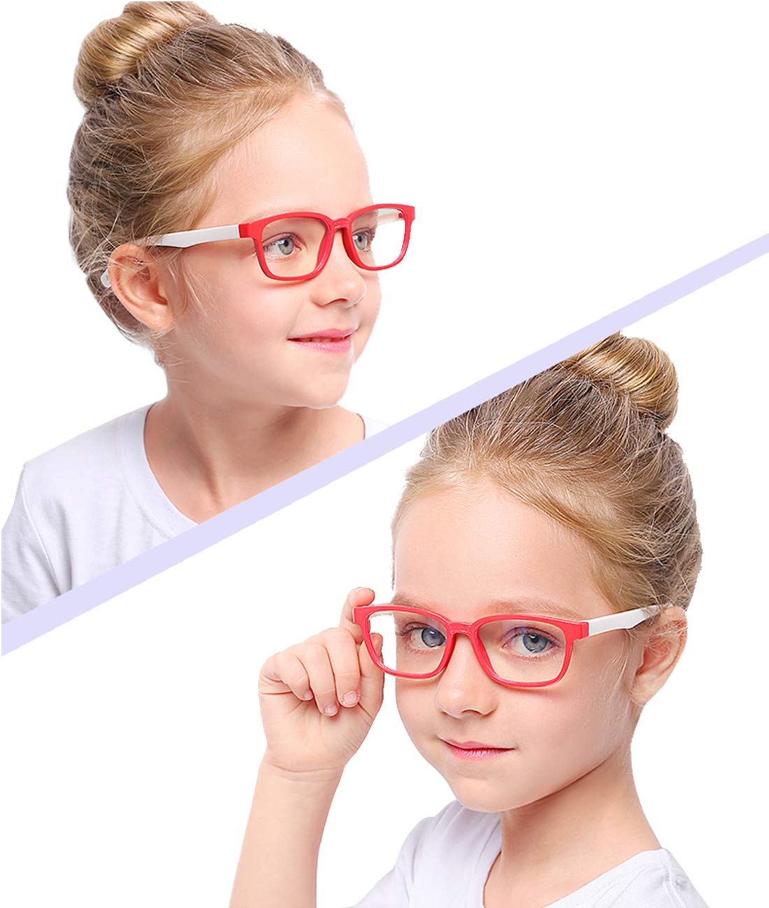 AHXLL Kids Blue Light Blocking Glasses 2 Pack, Anti Eyestrain & UV Protection, Computer Gaming TV Phone Glasses for Boys Girls Age 3-9 (Transparent Purple+ Transparent Pink)