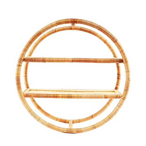 T'Furni Rattan Round and Horizontal Stripes Wall Shelf for Living Room Kitchen Wall Decor - Natural Rattan Floating Shelves - Natural Hanging Book - Wall Shelves with Storage